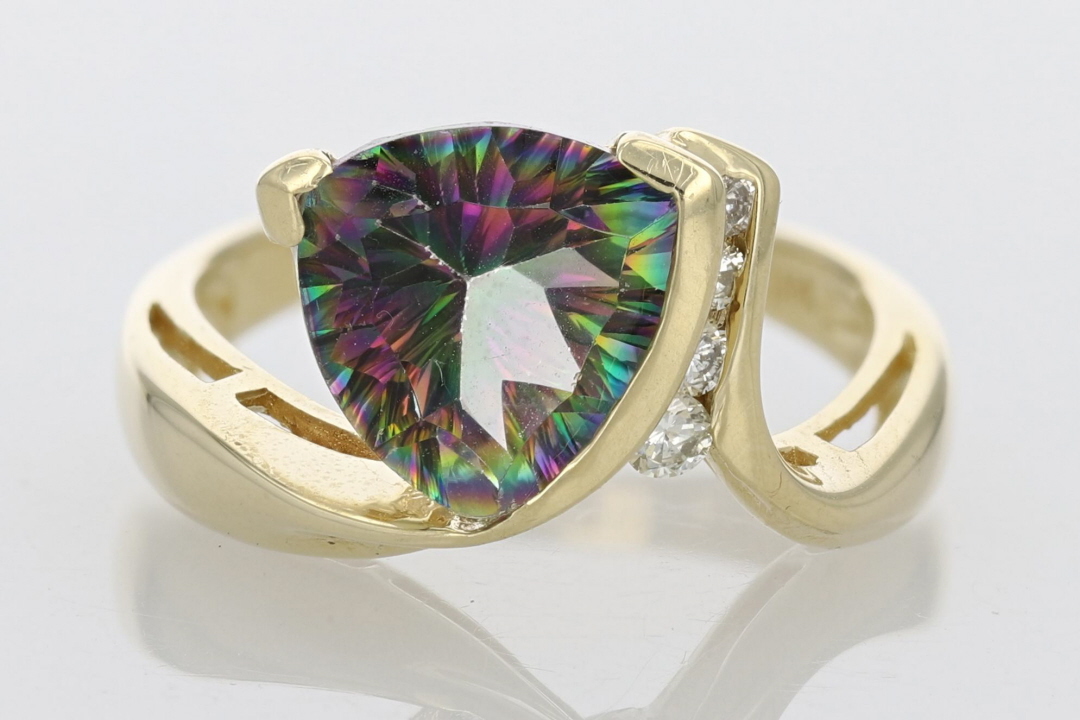 4.57ctw Trillion Cut Mystic Topaz w/ Diamond Accents Ring 14k Yellow ...