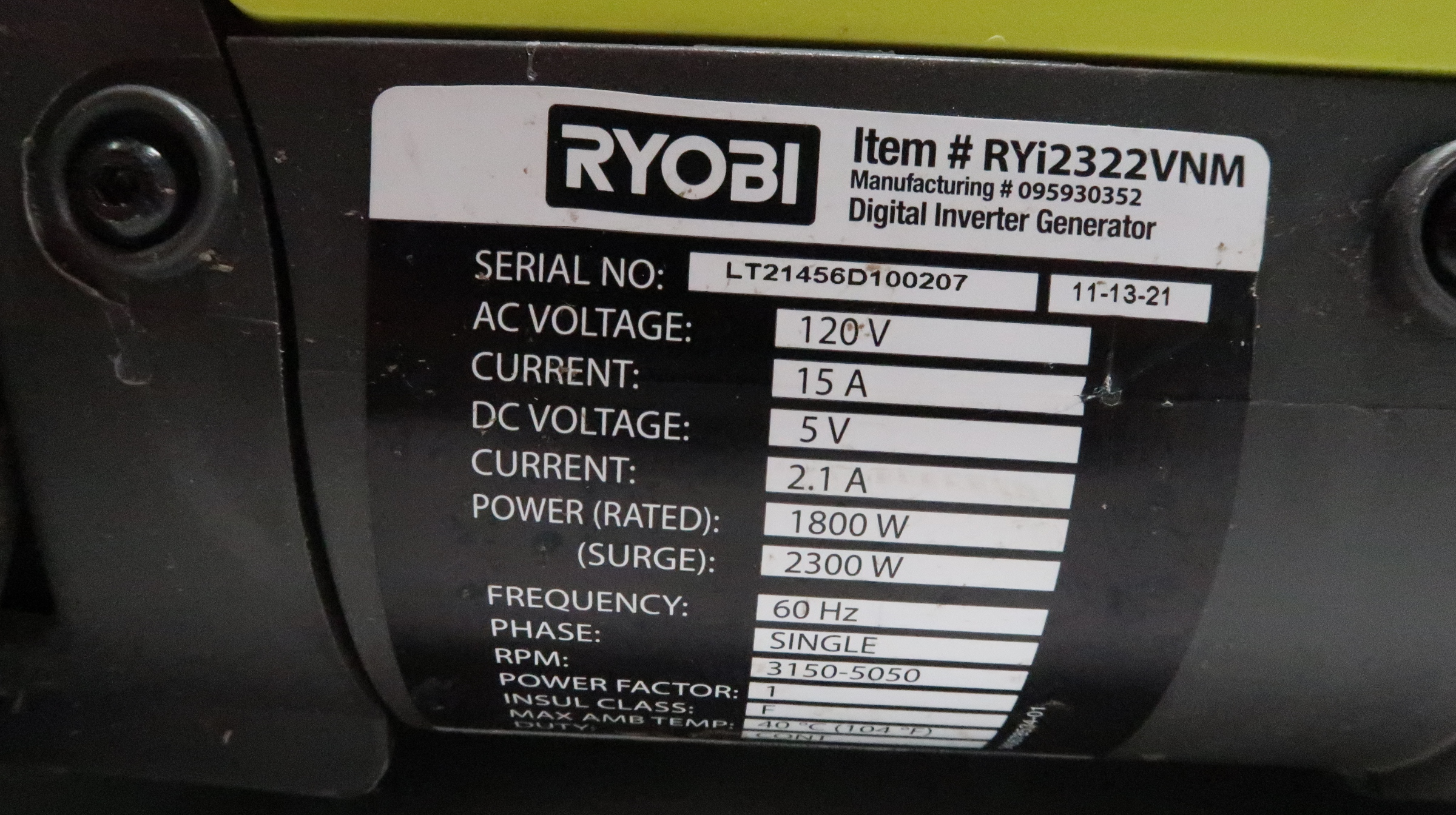 RYOBI RYi2322VNM 2300 Watt Bluetooth Inverter Generator