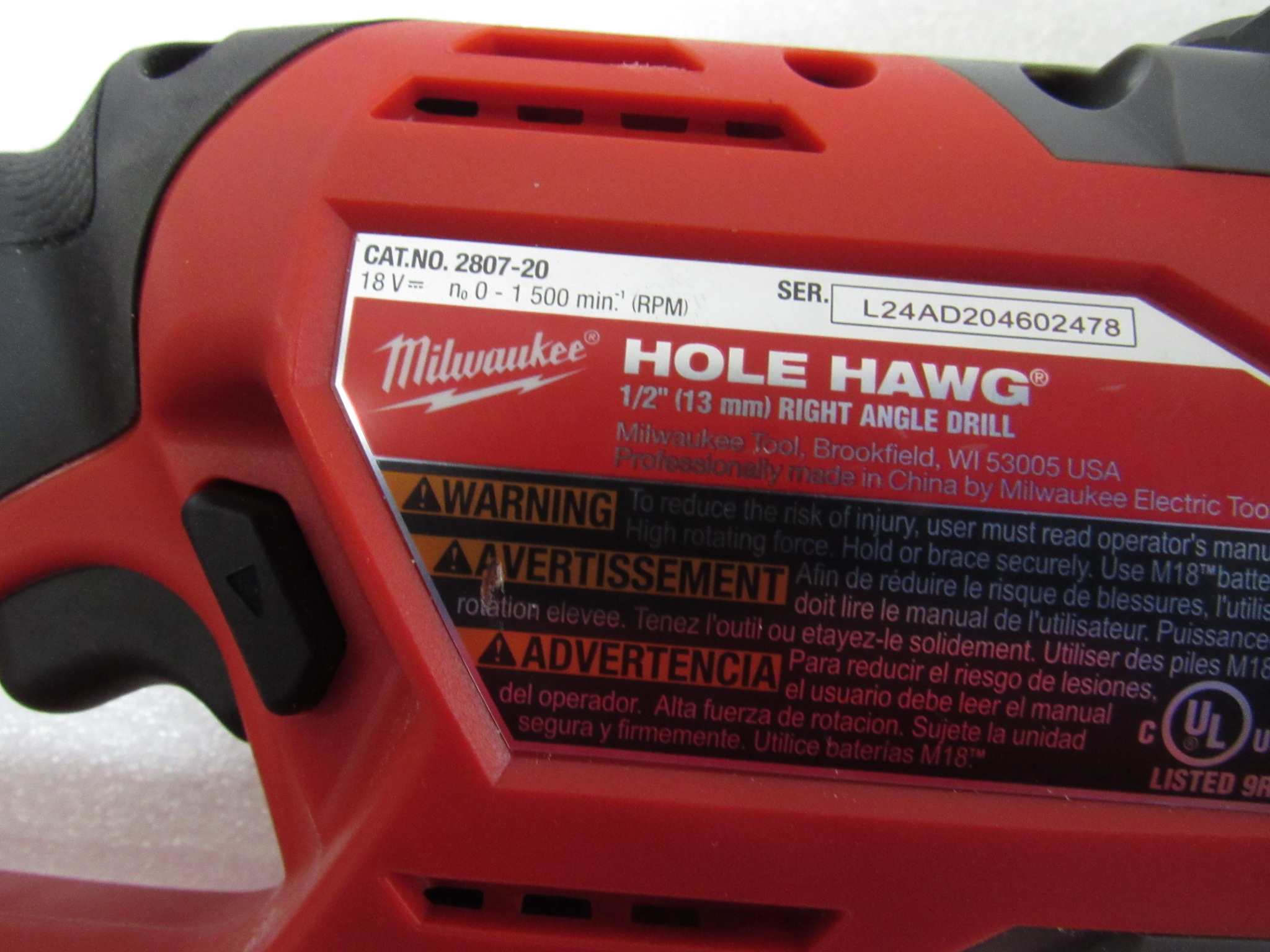 Milwaukee 2807-20 18 Volt 18V Hole Hawg 1/2" Right Angle Drill
