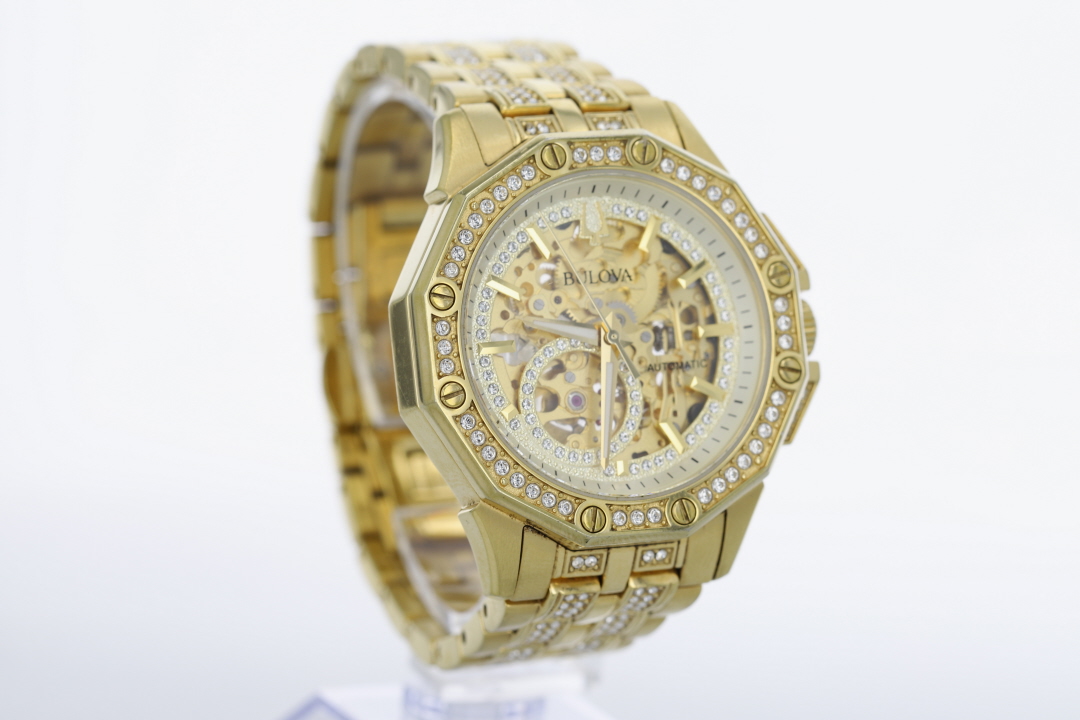 Bulova Octava Crystal Accent Gold Dial Automatic Stainless Steel Men's ...