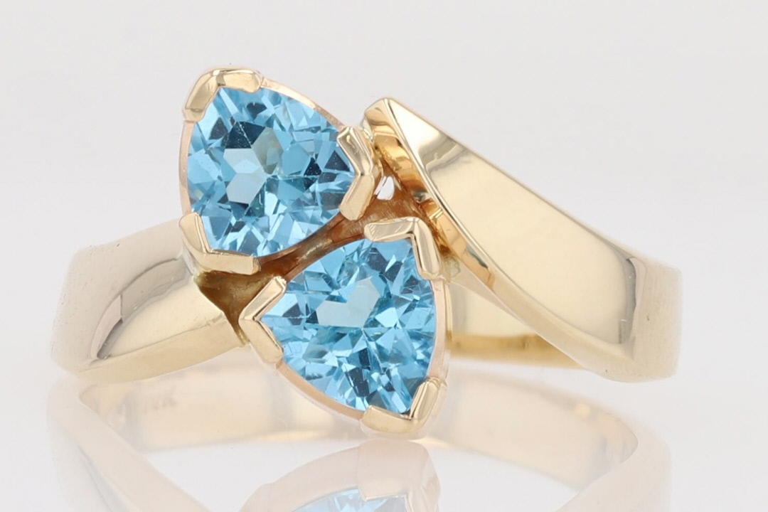 1.94ctw Triangular Blue Topaz Two-Stone Statement Ring 14k Yellow Gold ...
