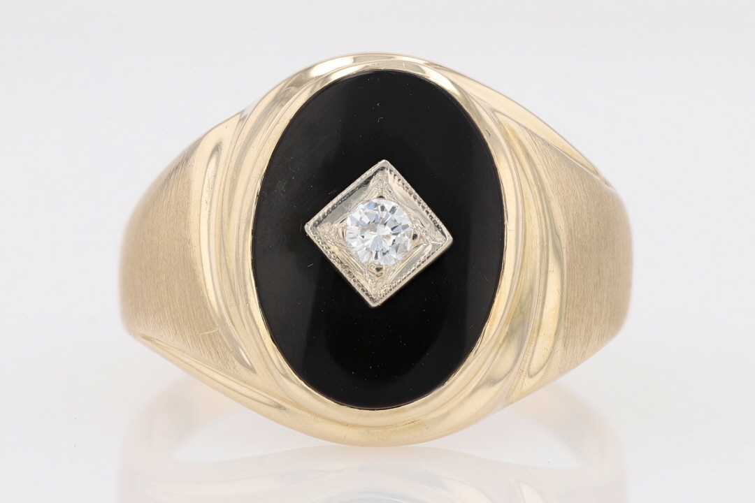.09ct Round Cut Diamond and Dyed Onyx Statement Ring 10k Yellow Gold ...