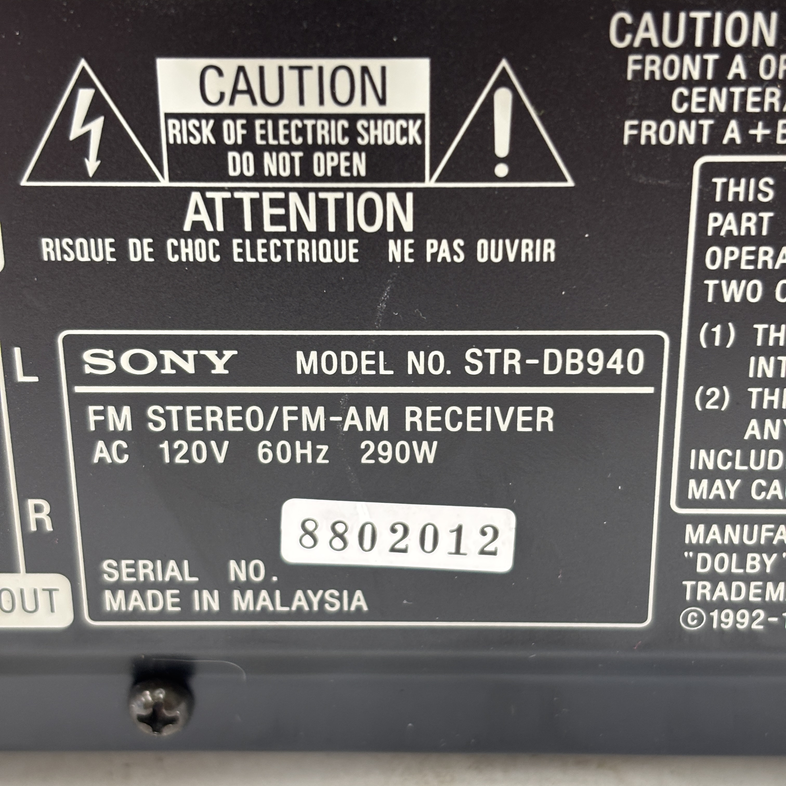 Sony STR-DB940 FM Stereo/FM-AM Receiver
