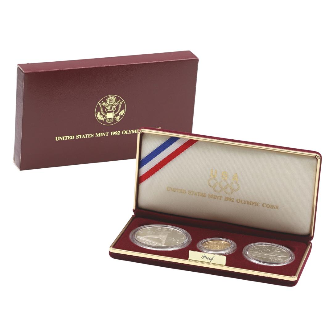 The 1992 U.S. Olympic Coins Commemorative Three Coin Proof Set Boxed
