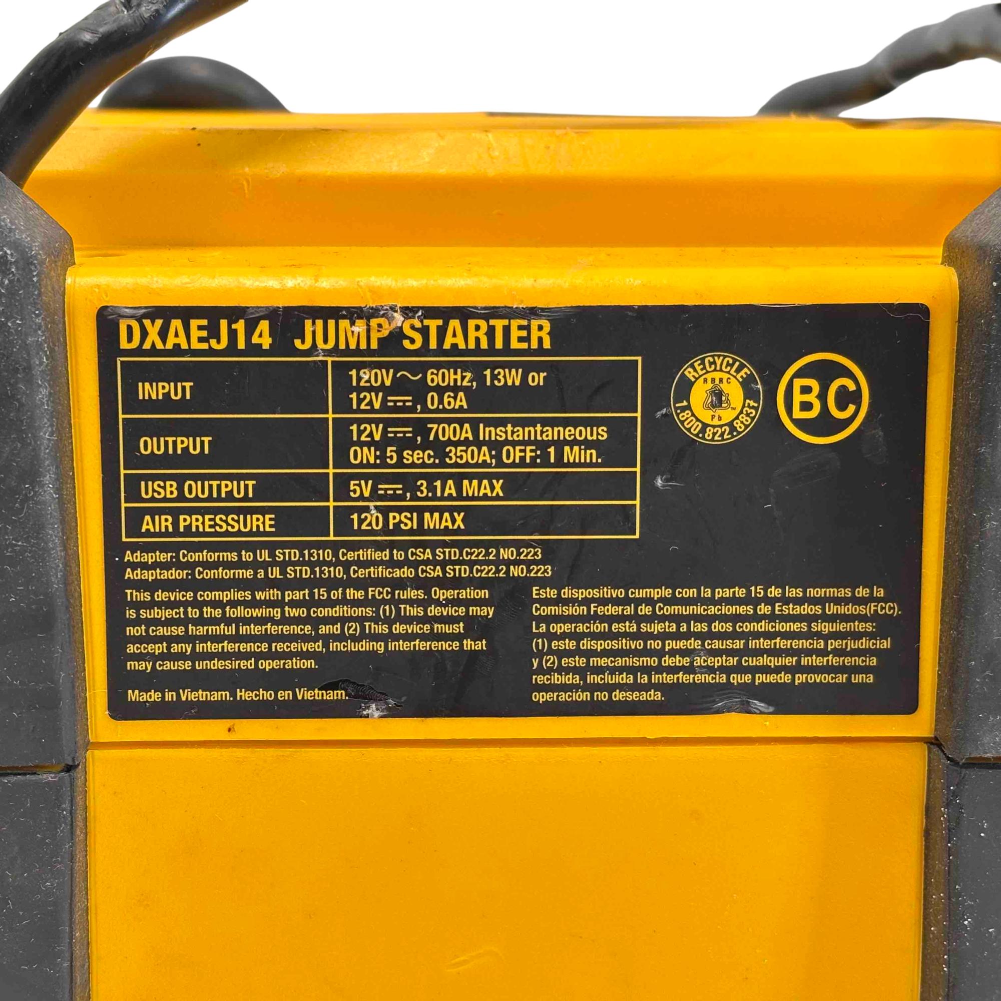 DeWalt DXAEJ14 1400 Peak Amp Portable Jump Starter/120 PSI Air Compressor