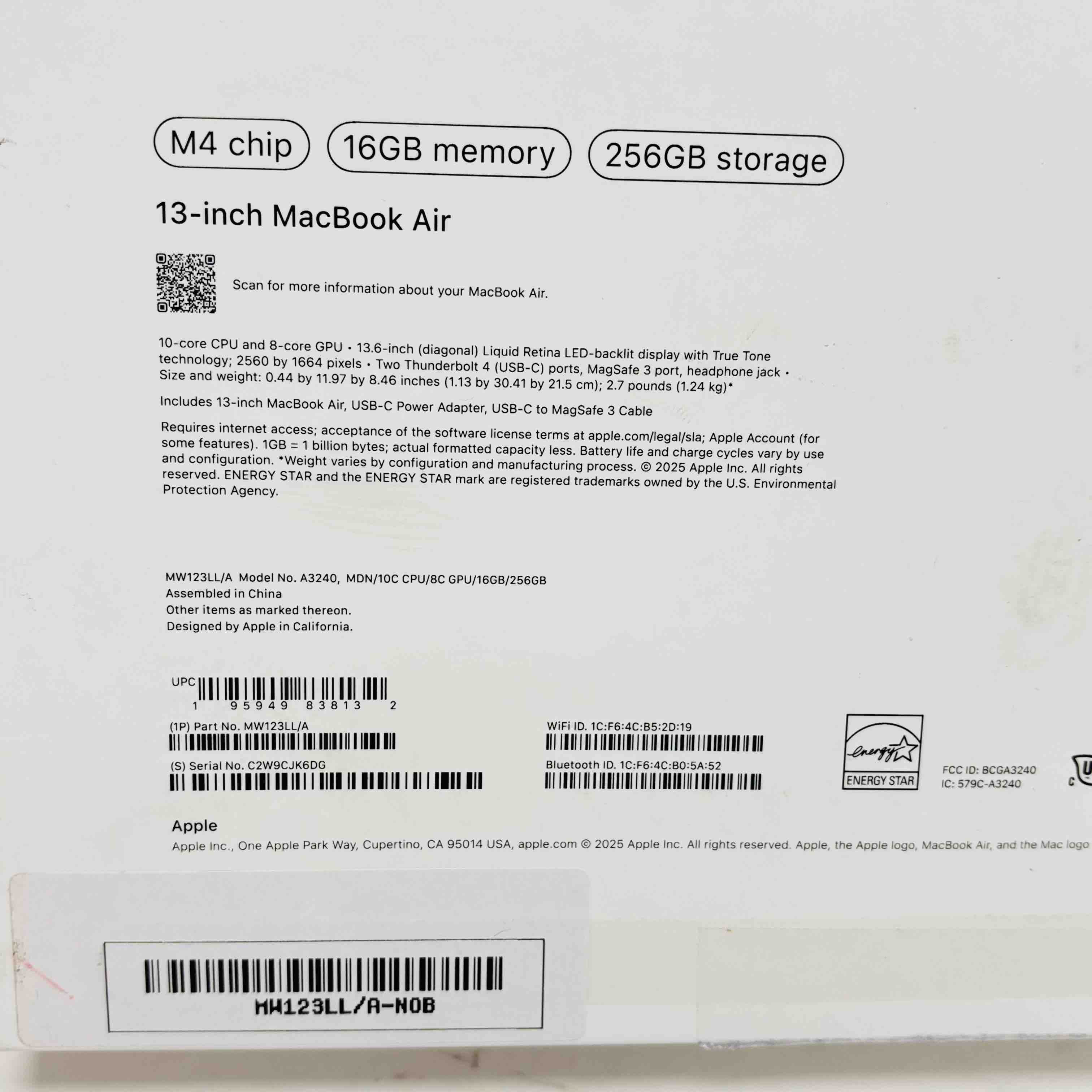 Apple MacBook Air (2025) MW123LL/A Apple M4 4.4GHz 16GB RAM 256GB SSD 13.6"