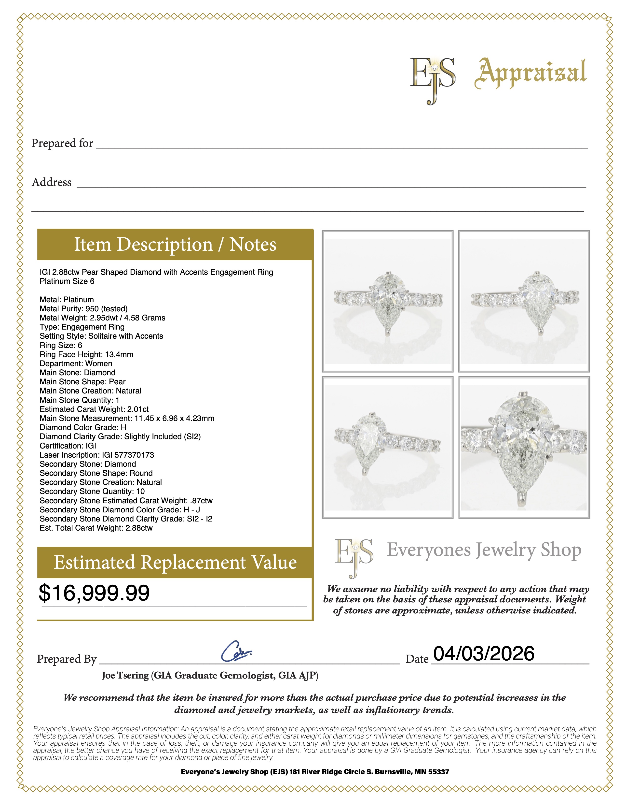 IGI 2.88ctw Pear Shaped Diamond with Accents Engagement Ring Platinum ...