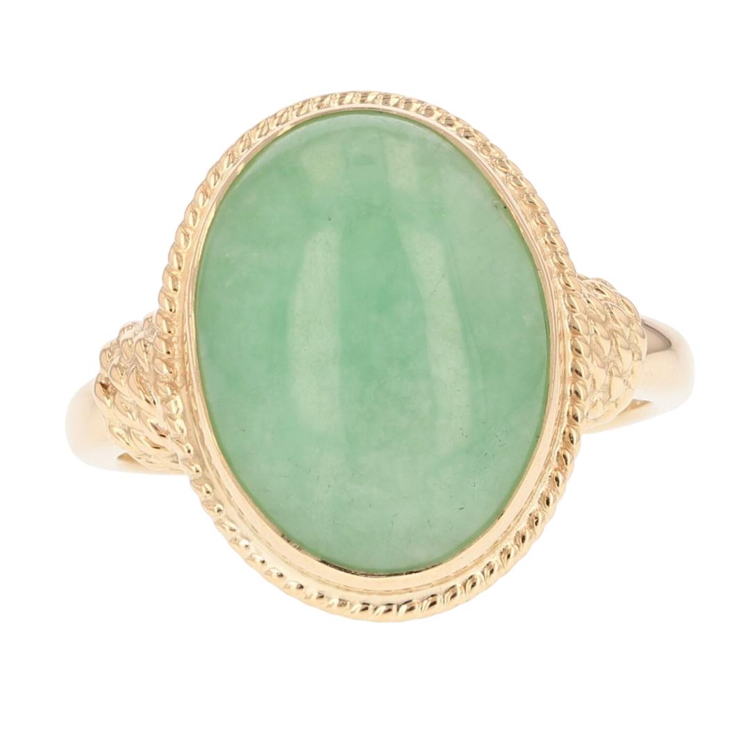 5.79ct Oval Shaped Jadeite Solitaire Cabochon Ring 14k Yellow Gold Size 8.5
