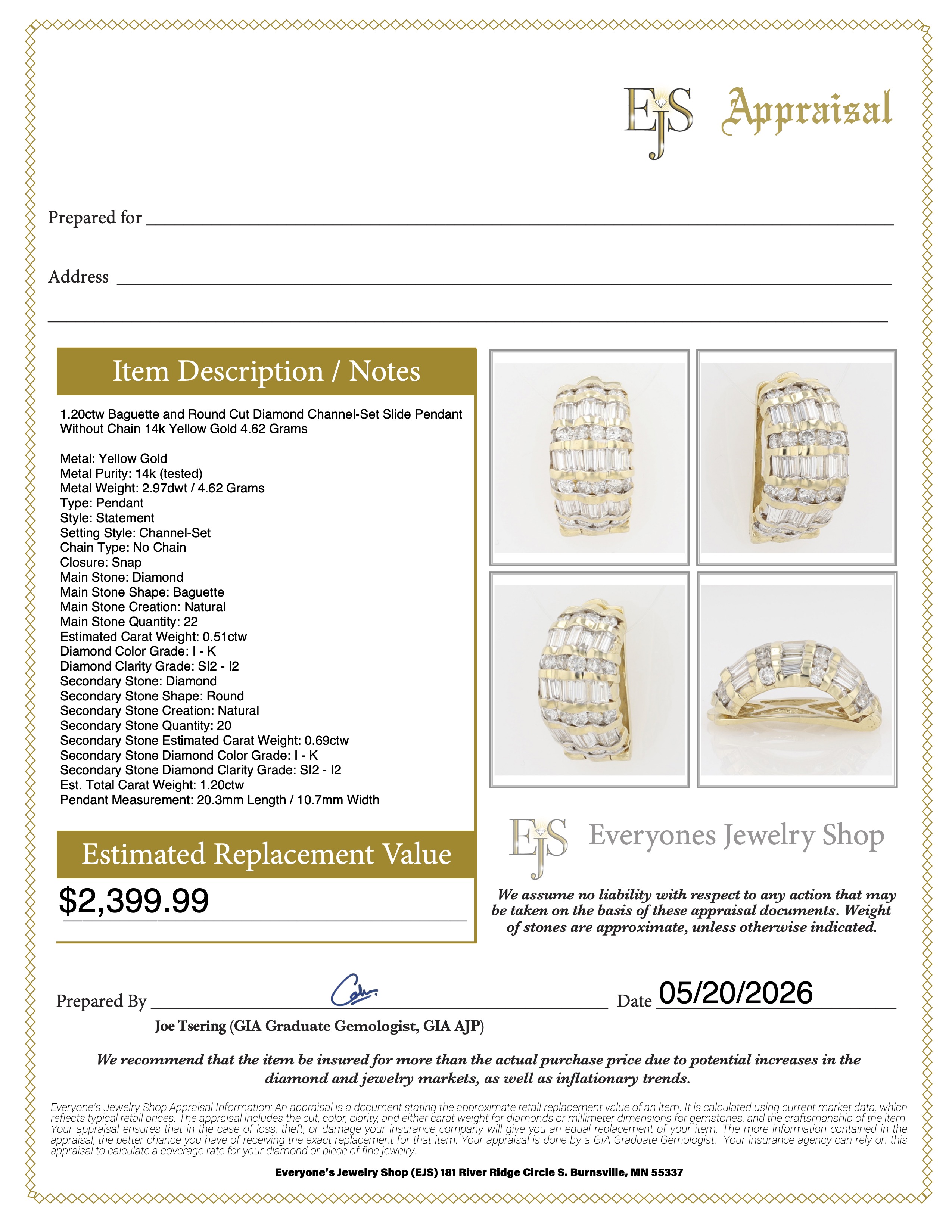 1.20ctw Baguette & Round Cut Diamond Slide Pendant Without Chain 14k ...