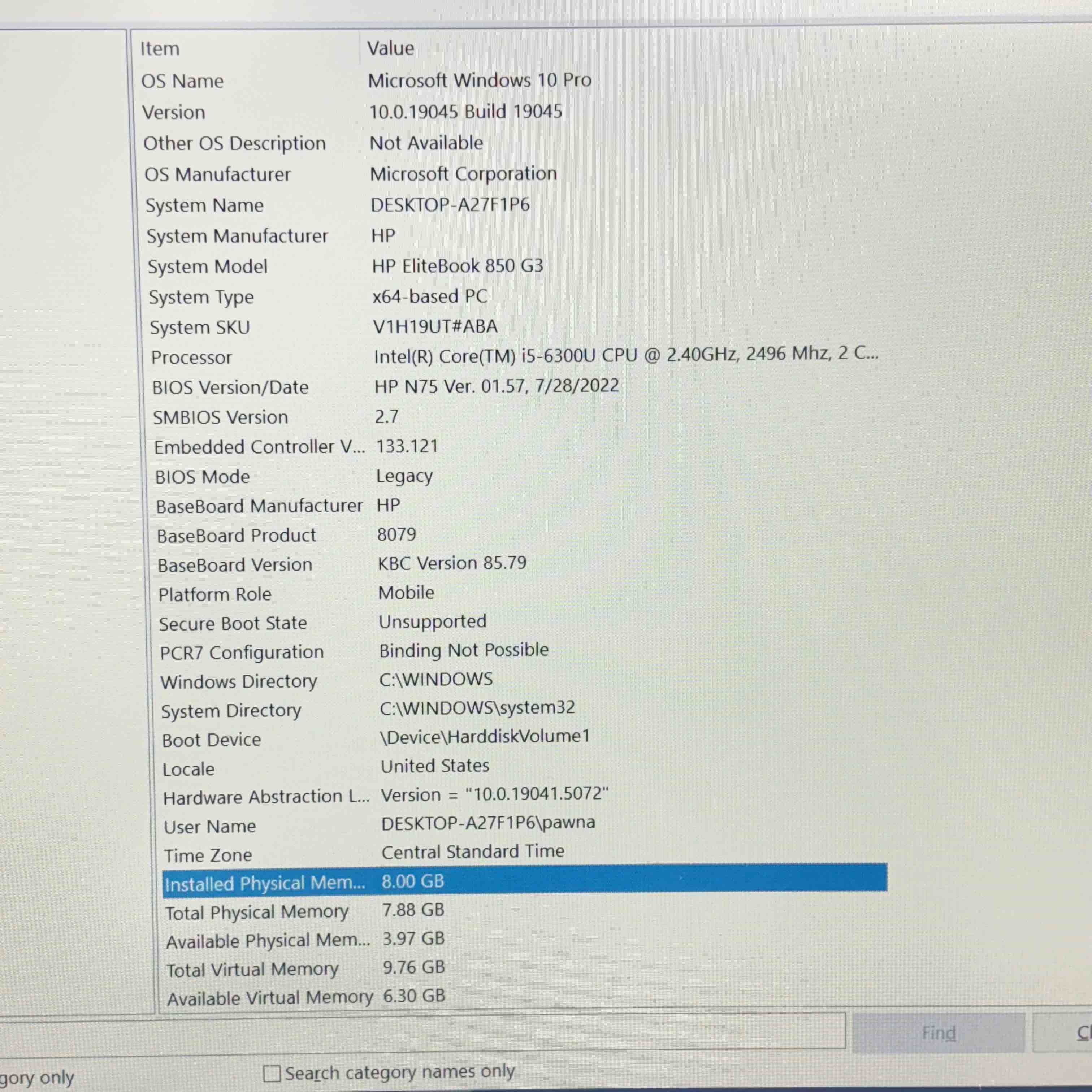 HP EliteBook 850 G3 Intel Core i5-6300U 2.4GHz 8GB RAM 128GB SSD 15.6"