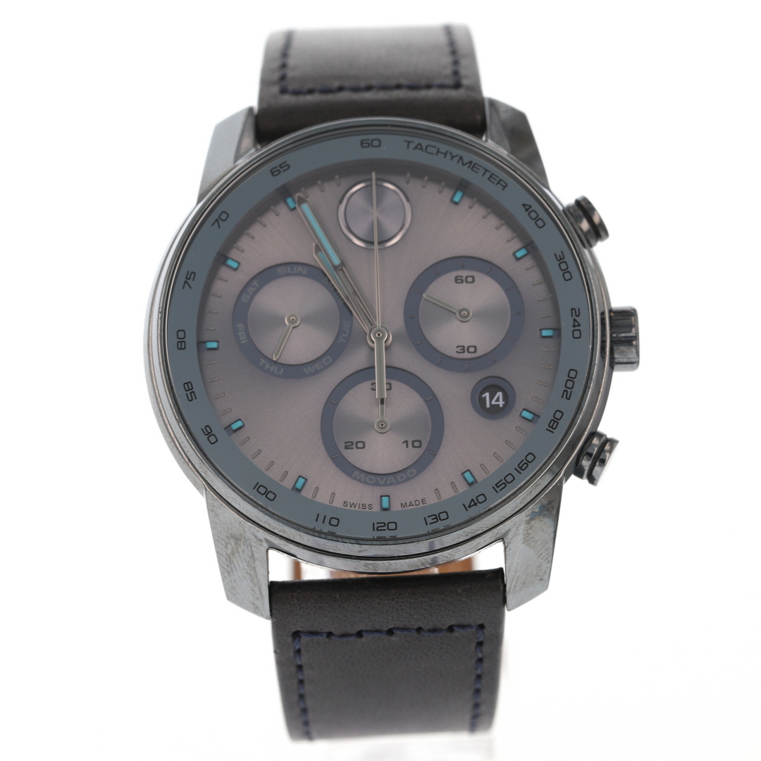 Movado BOLD Chronograph 44mm Gray Dial Black Leather Strap Men's Wristwatch