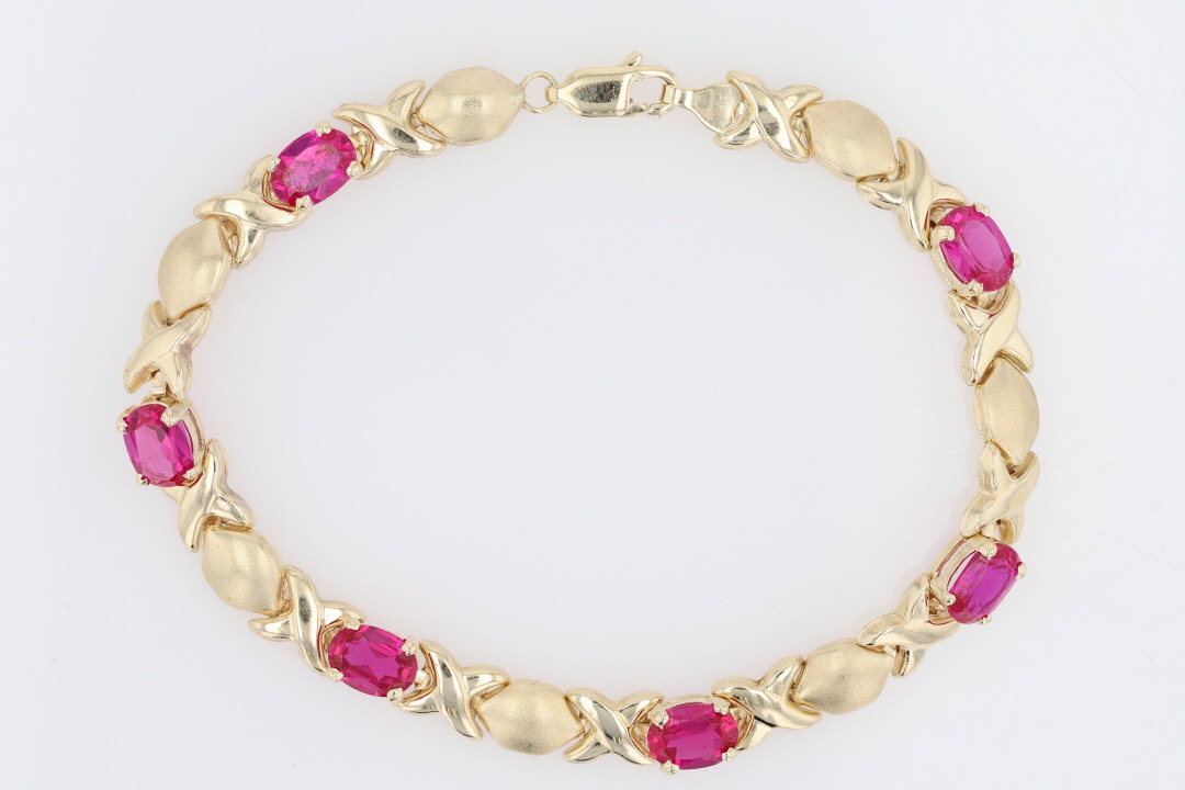 5.76ctw Lab-Created Oval Cut Ruby XO Link 7" Bracelet 14k Yellow Gold 6 ...