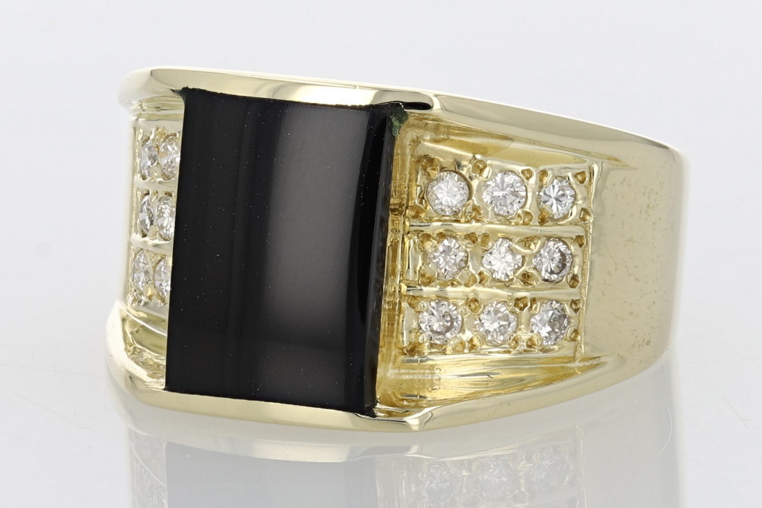 Dyed Onyx with Diamond Accents Statement Band Ring 14k Yellow Gold Size ...