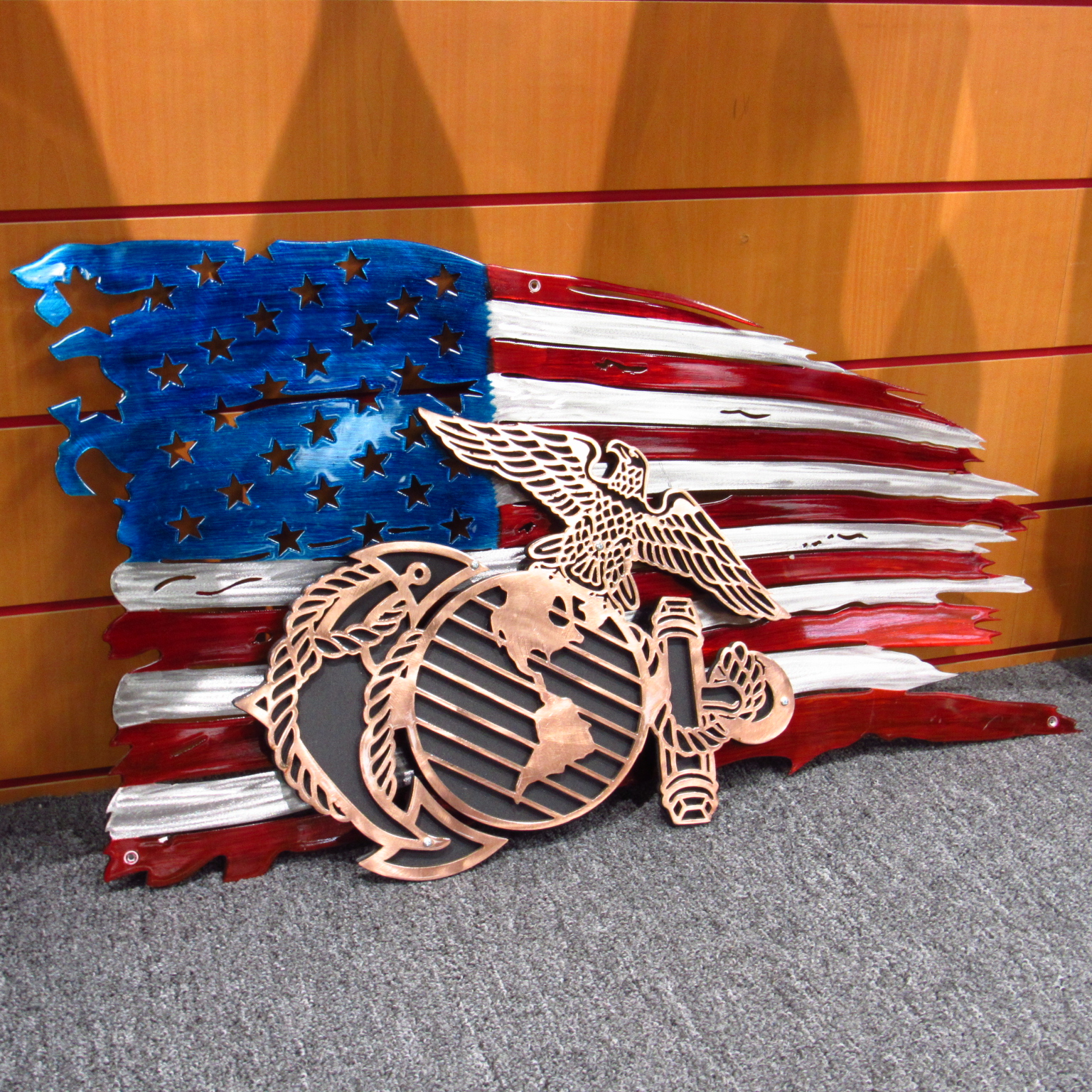 Metal Tattered American Flag Sign & Marine Corps Logo - Local Pick-Up only