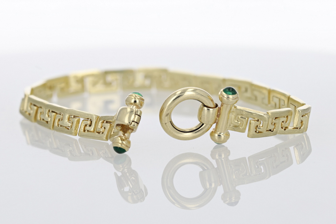 5.7mm Greek Key Link Chain w/ Green Glass Accents 7.25" Bracelet 14k ...