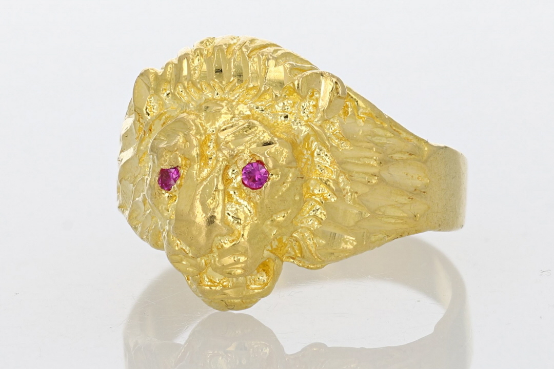 .02ctw Round Lab-Created Ruby Lion Head Statement Ring 22k Yellow Gold ...