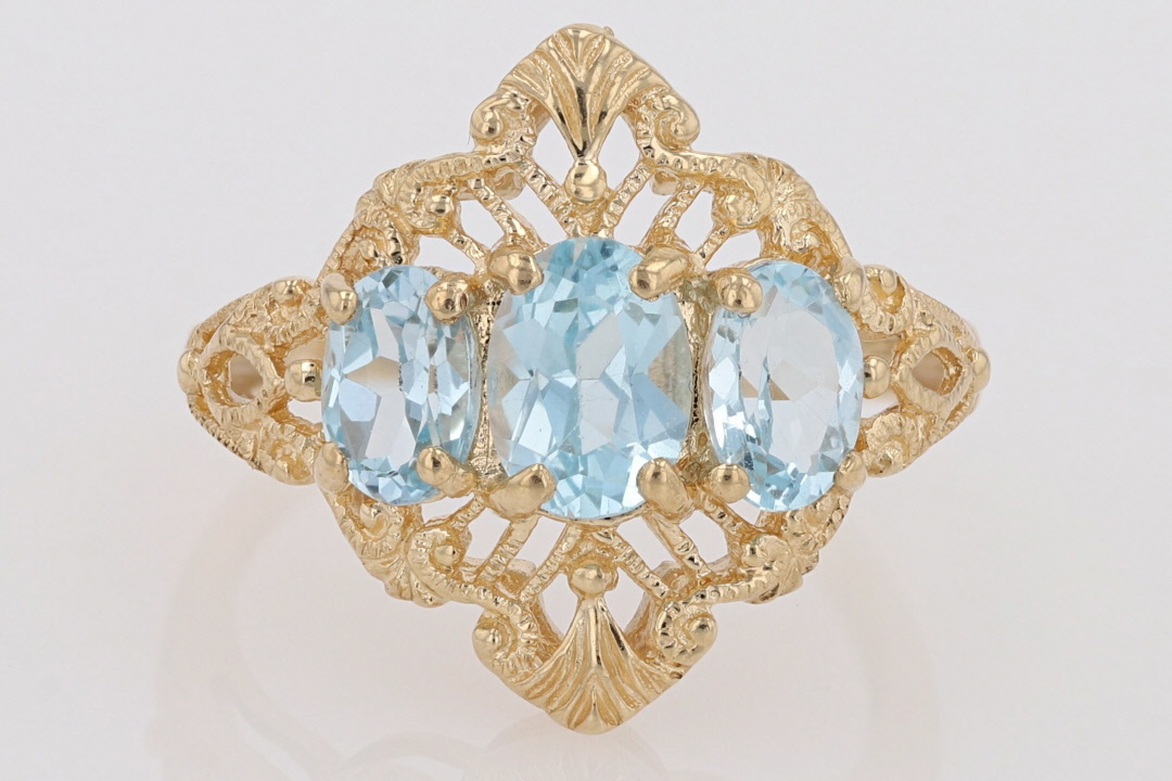 1.86ctw Oval Cut Blue Topaz Three-Stone Statement Ring 10k Yellow Gold ...