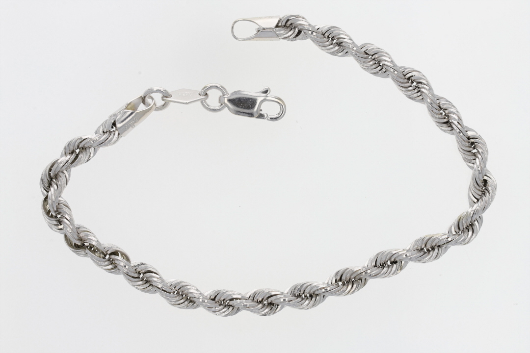 4.15mm Rope Link Chain 6.5" Bracelet 14k White Gold Peru 3.01 Grams