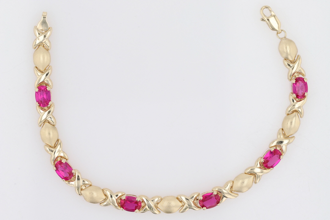 5.76ctw Lab-Created Oval Cut Ruby XO Link 7" Bracelet 14k Yellow Gold 6 ...