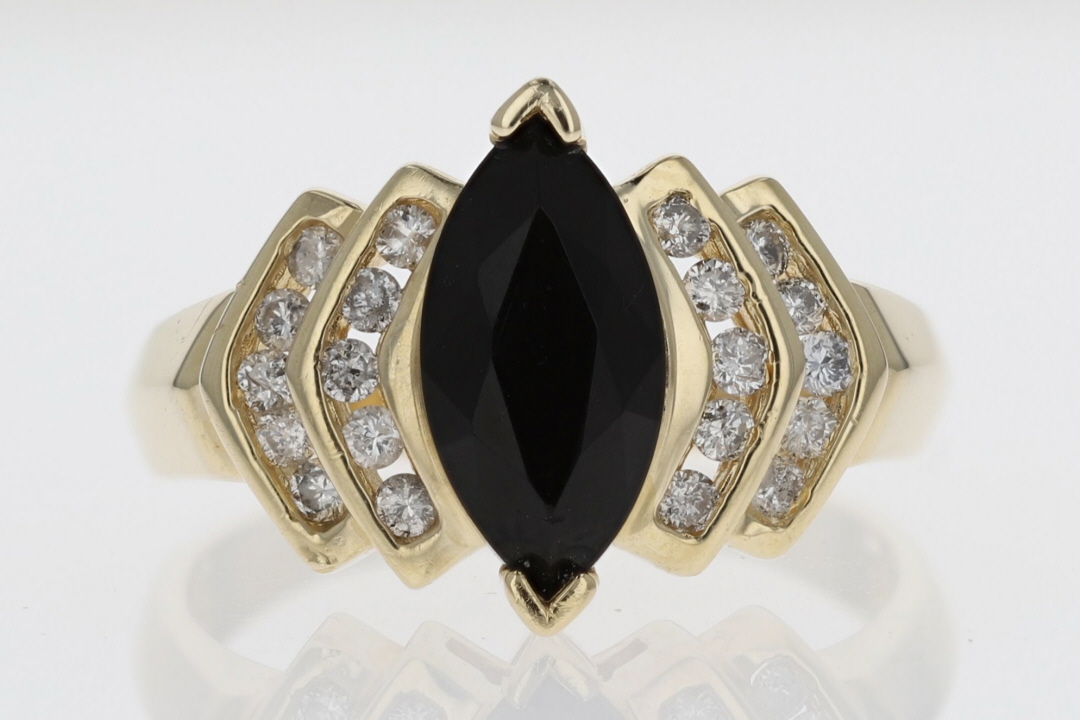 Fancy Cut Dyed Onyx with Diamond Accents Statement Ring 14k Yellow Gold ...