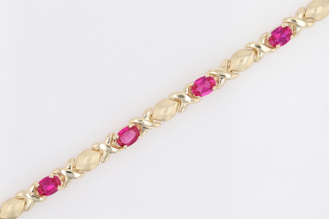 5.76ctw Lab-Created Oval Cut Ruby XO Link 7" Bracelet 14k Yellow Gold 6 ...