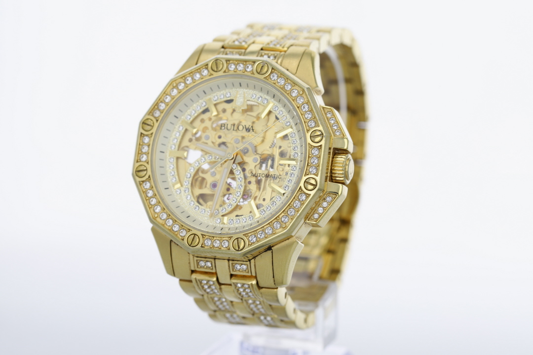 Bulova Octava Crystal Accent Gold Dial Automatic Stainless Steel Men's ...