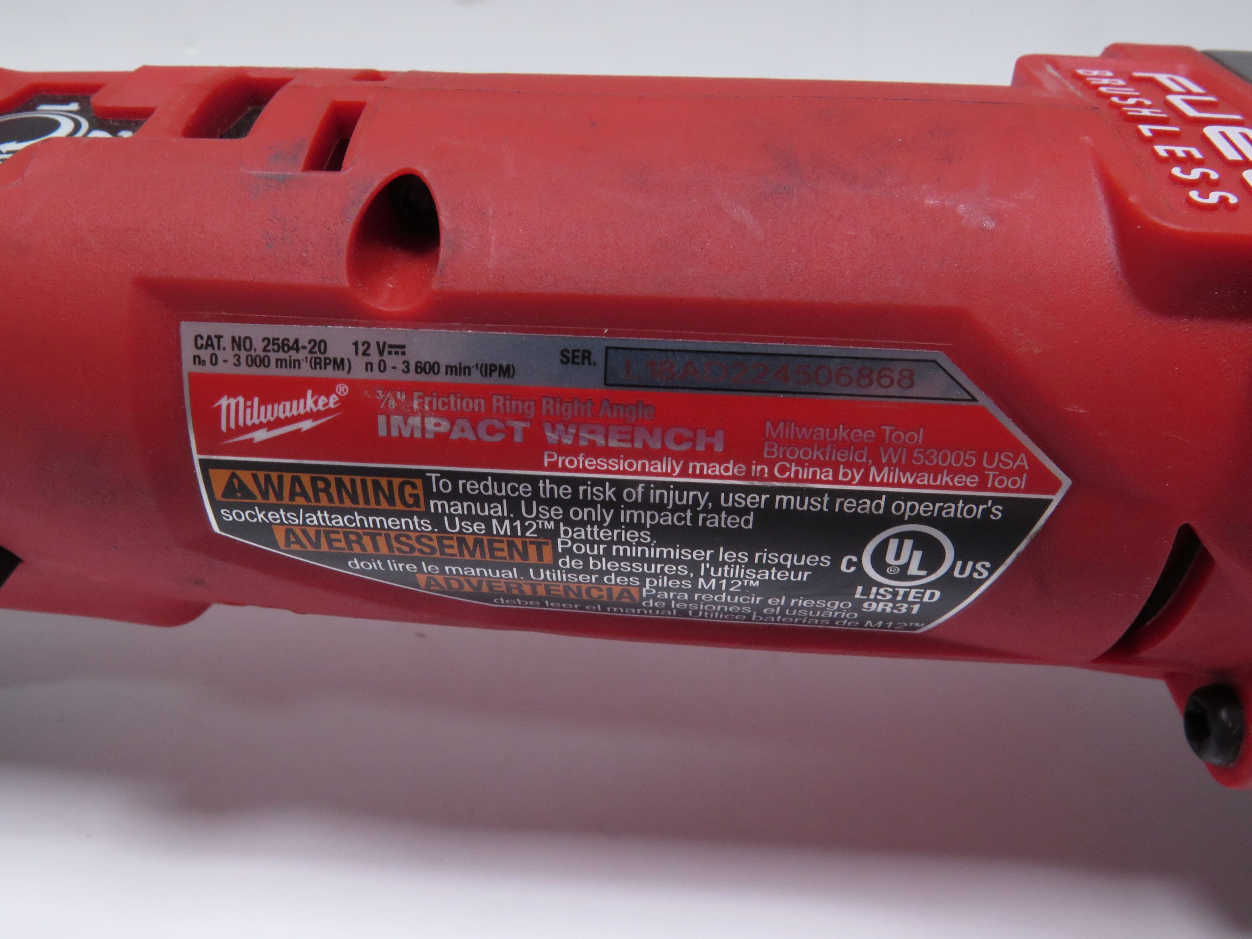 Milwaukee 2564-20 12V Brushless Cordless 3/8" Right Angle Impact Wrench ...
