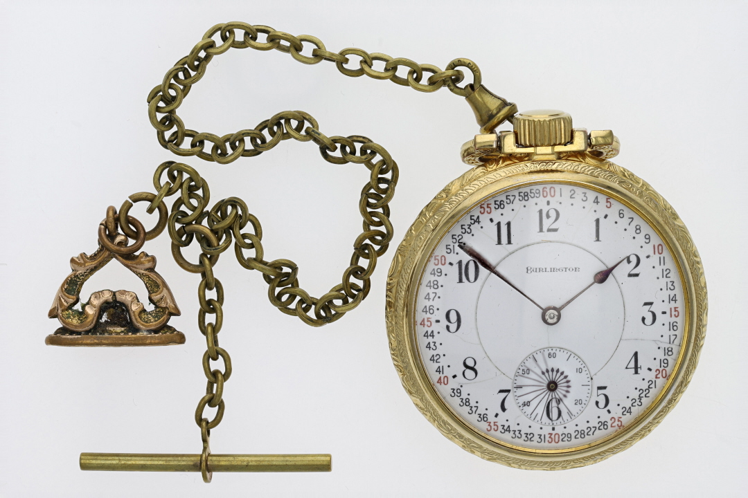 Burlington White Dial Railroad Pocket Watch with Chain 21 Jewels Gold ...