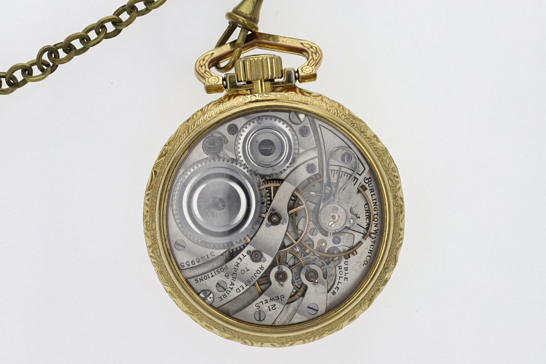 Burlington White Dial Railroad Pocket Watch with Chain 21 Jewels Gold ...