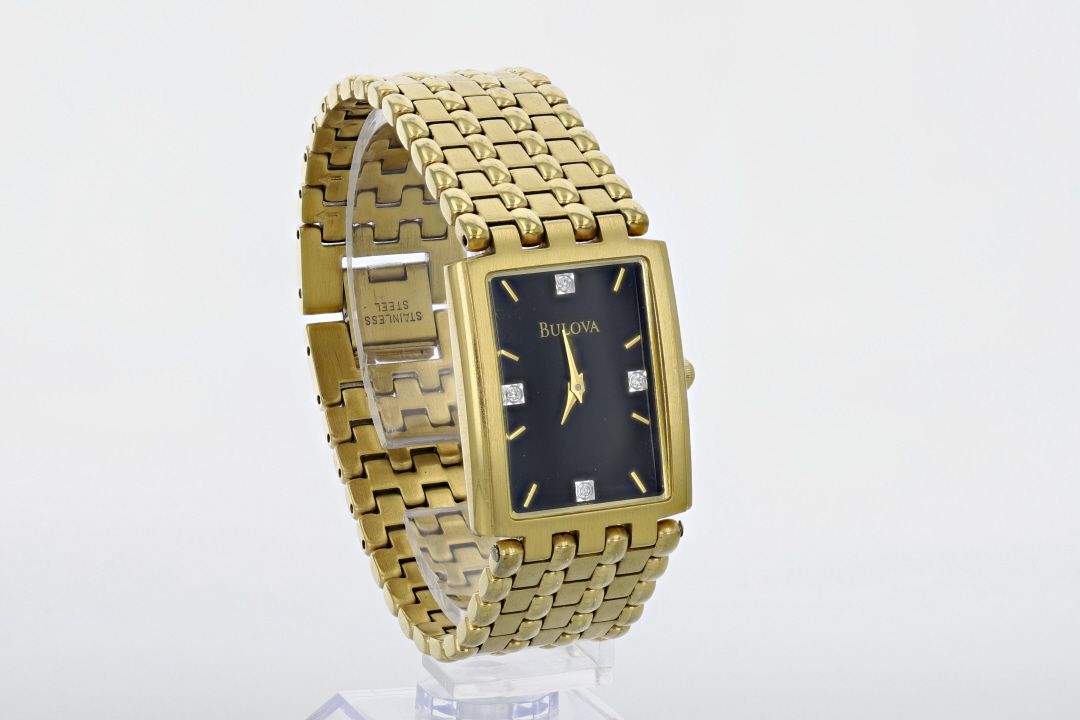 Bulova Rectangle Diamond Accent 24mm Black Dial Stainless Steel Men's ...