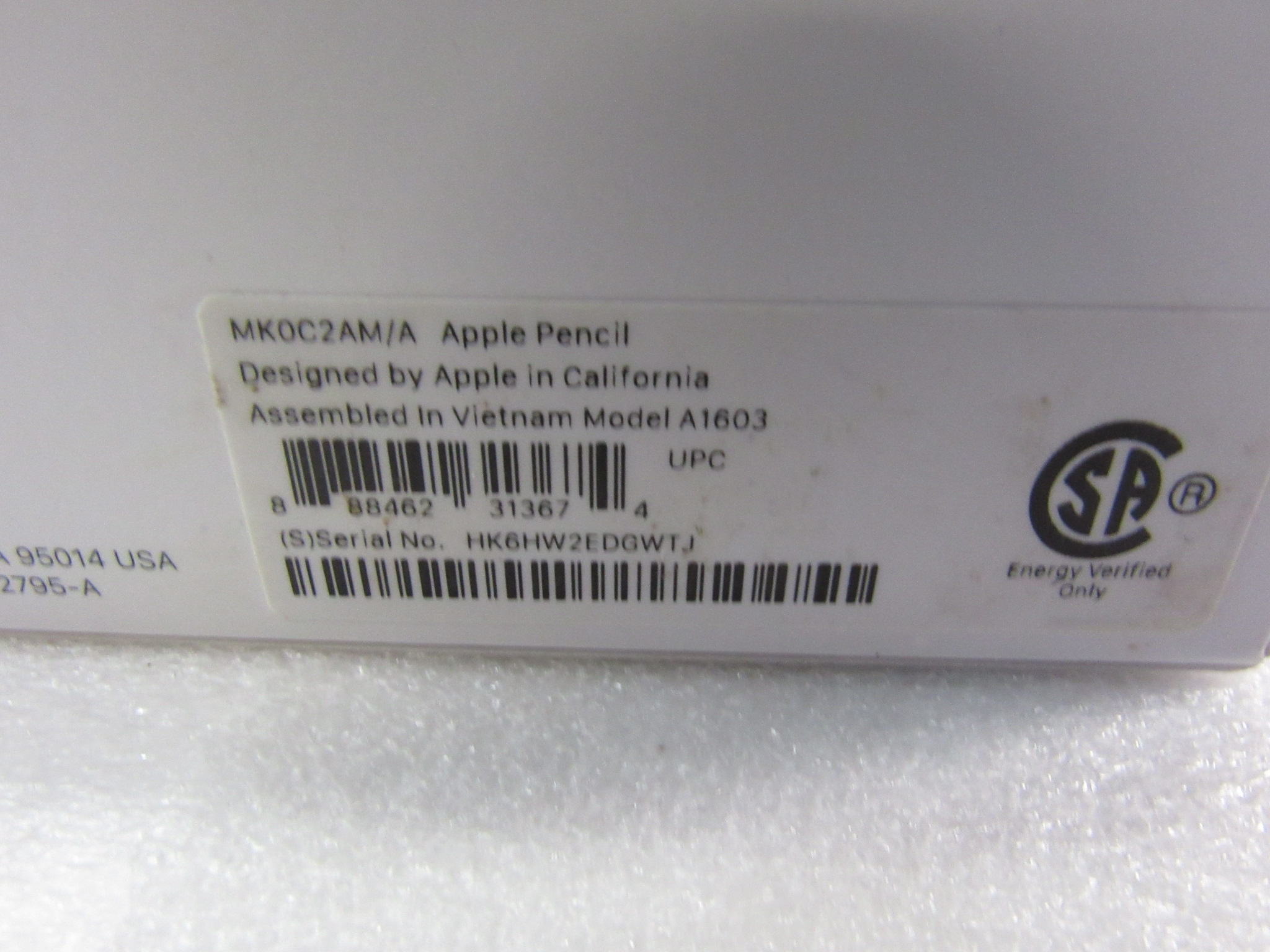Apple Pencil MK0C2AM/A A1603 1st Generation White Body Stylus