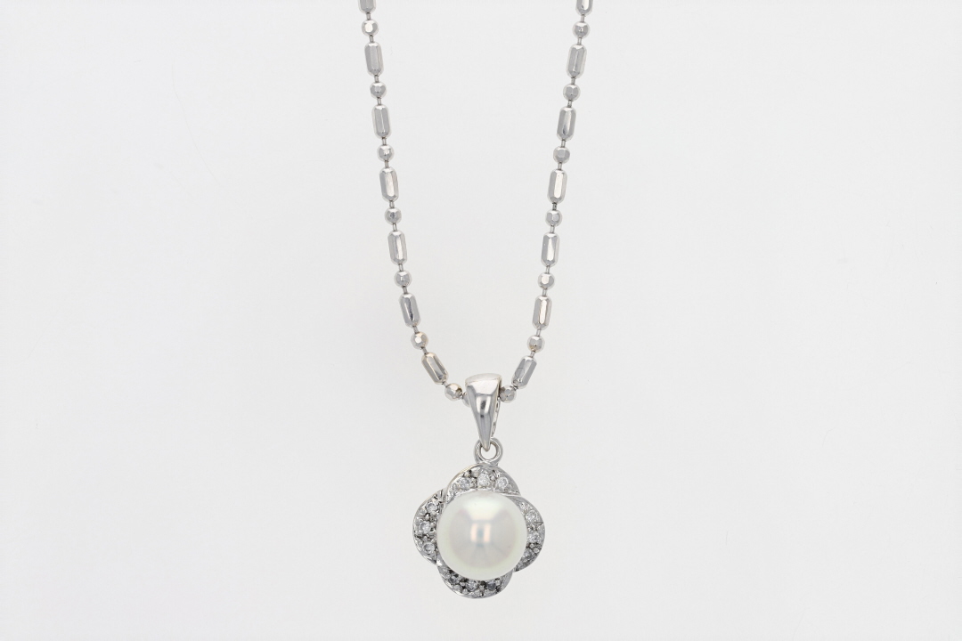 Cultured Pearl with Diamond Accents Pendant on 18" Necklace 18k White Gold