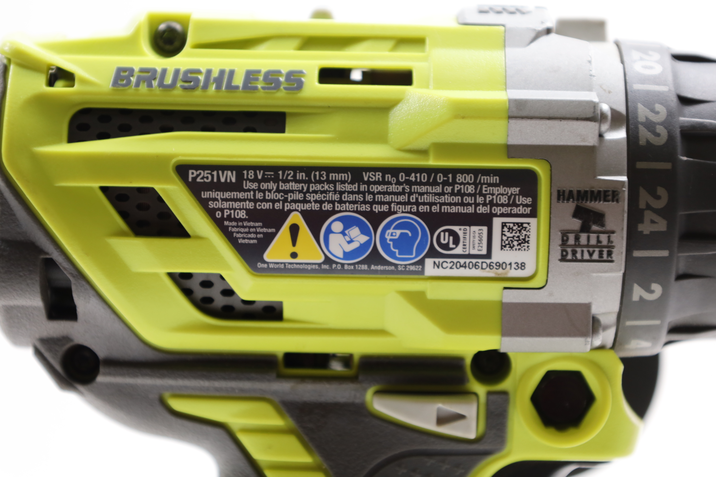 Ryobi ONE+ P251VN 18V Brushless 1/2" Cordless Hammer Drill