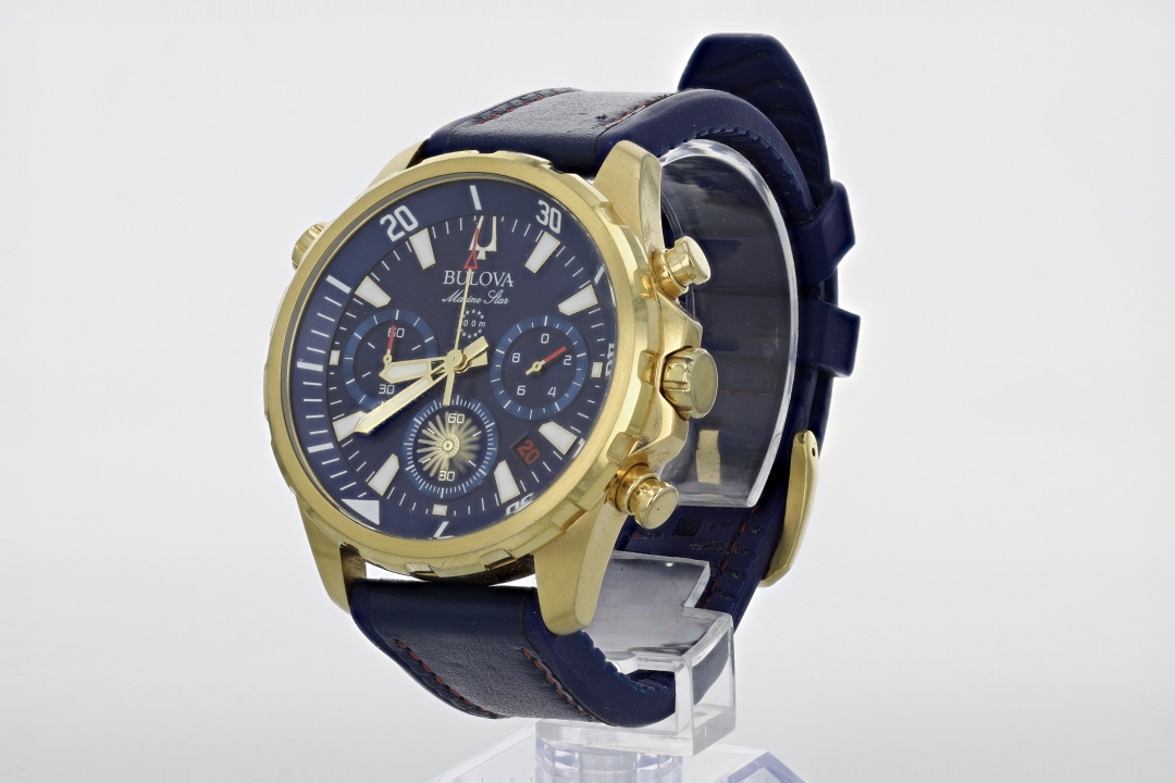 Bulova Marine Star Blue Dial Chronograph Leather with Silicone Band Men ...