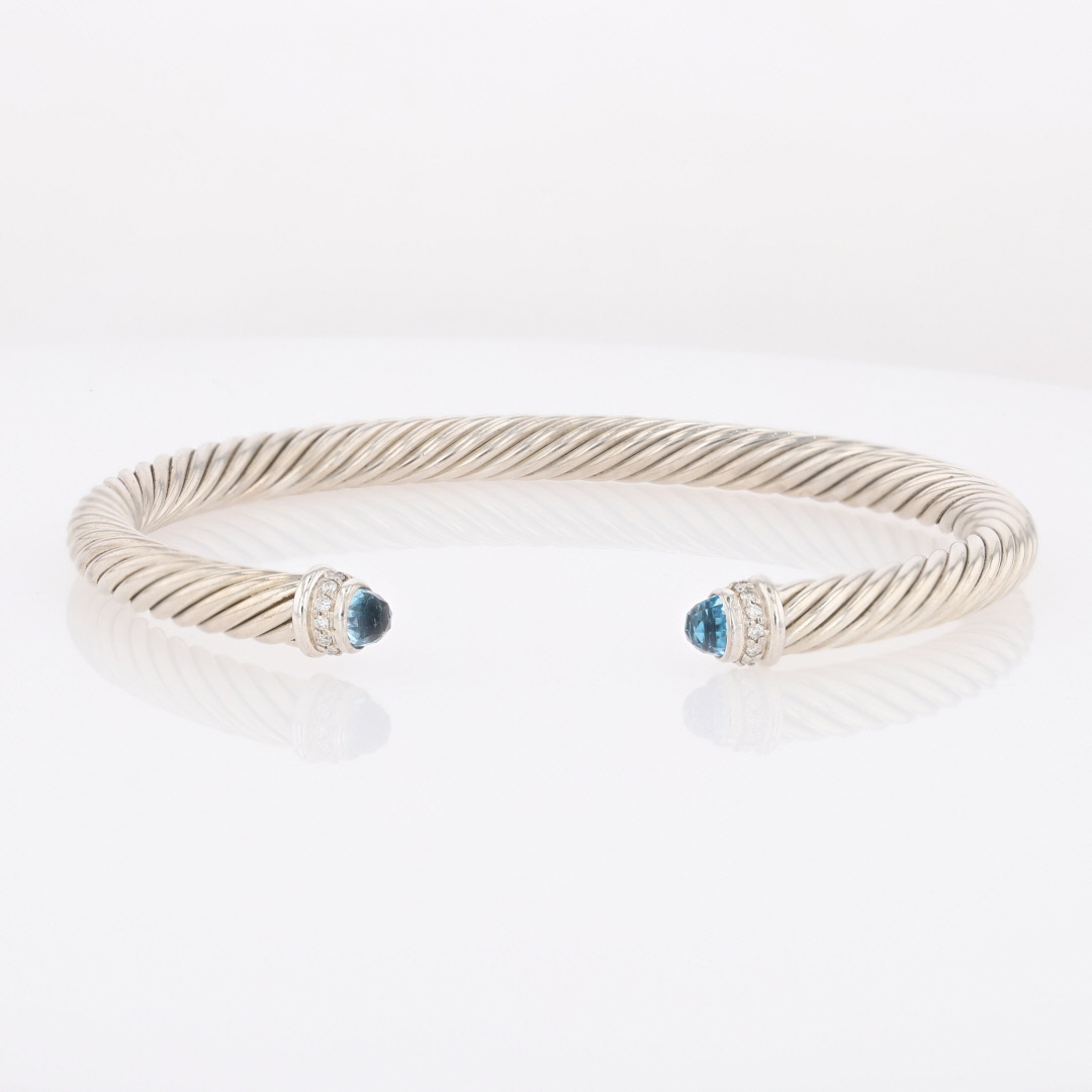 David Yurman Aquamarine and Diamond Cable 6.5 Bangle Bracelet Sterling Silver