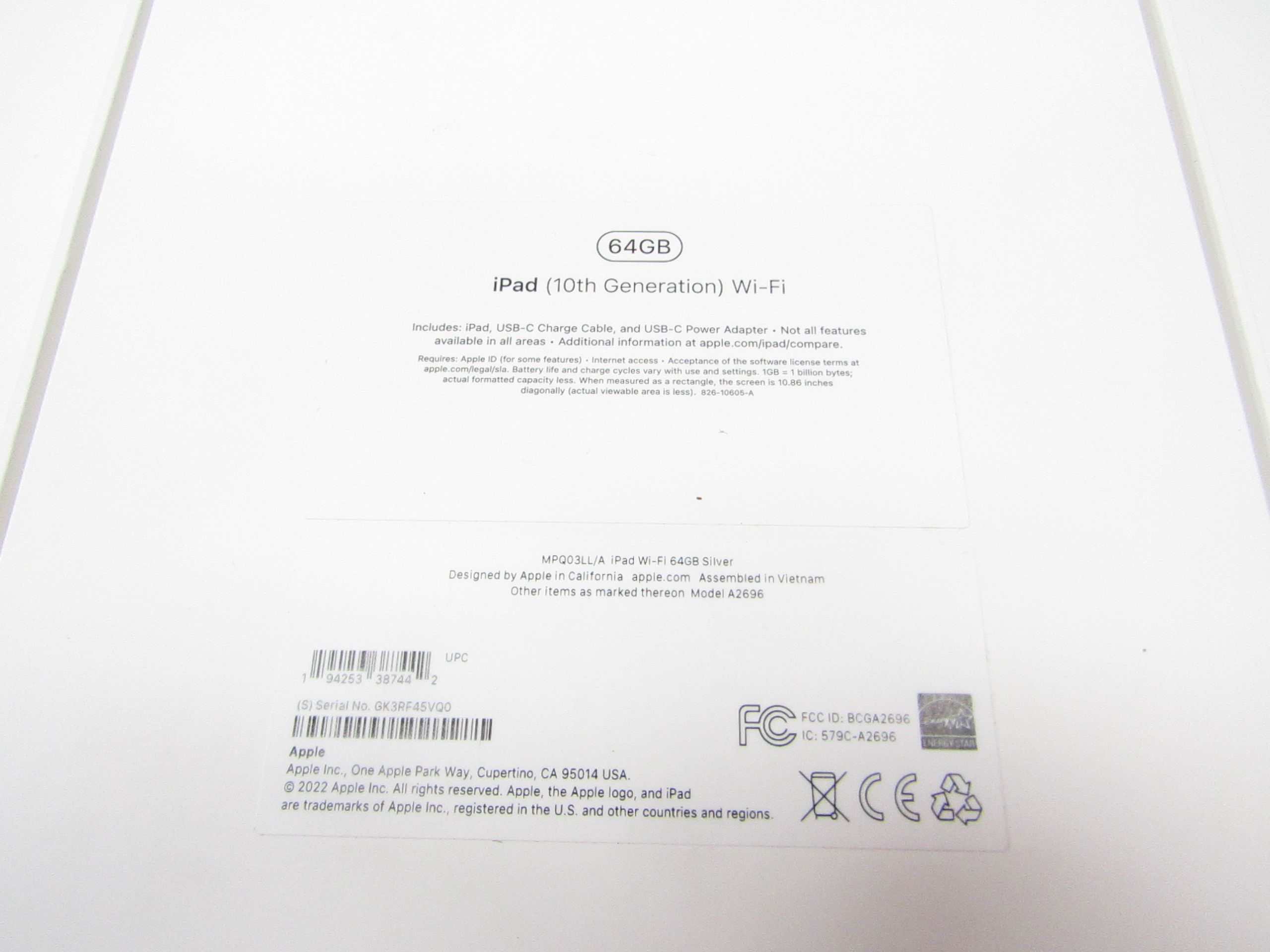 Apple MPQ03LL/A iPad 10th Gen Wi-Fi Silver 64GB 10.9" Tablet