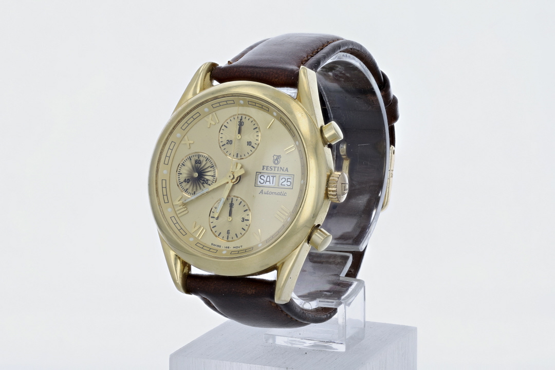Festina Gold Dial Chronograph Leather Strap 18k Yellow Gold Men's ...