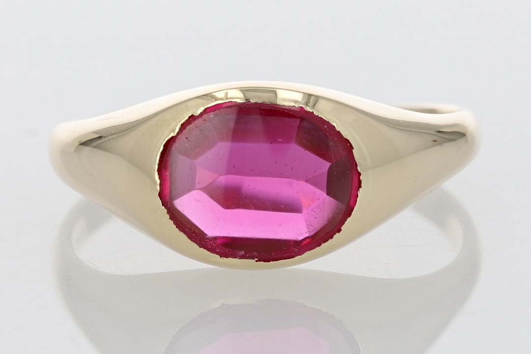Lab-Created Buff-Top Oval Ruby Solitaire Statement Ring 10k Yellow Gold ...