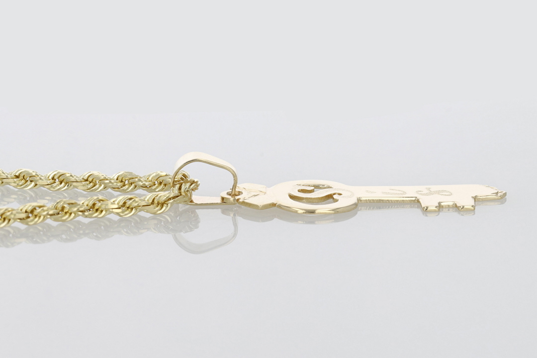 "Sis" Key Shaped Pendant on Rope Link 24" Necklace 14k Yellow Gold 22. ...