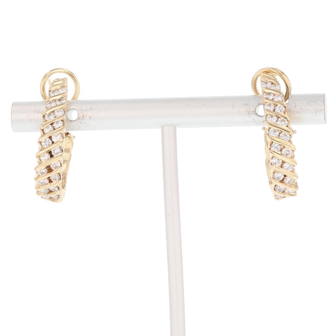 1.20ctw Round Cut Diamond Bar-Set Omega Hoop Pair Earrings 14k Yellow Gold