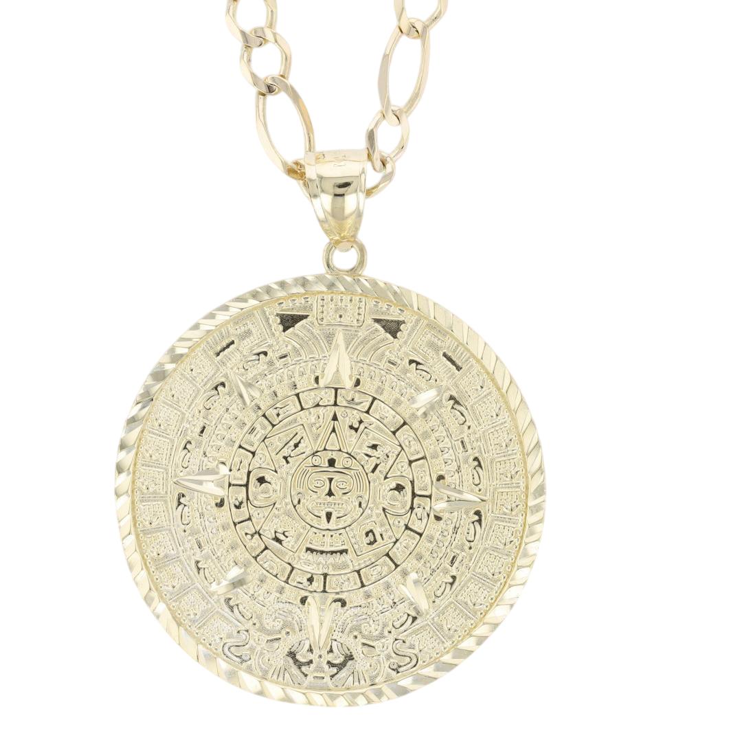 2 1/8" Aztec Calendar Pendant on 24.5" Necklace 14k Yellow Gold 29.16 Grams