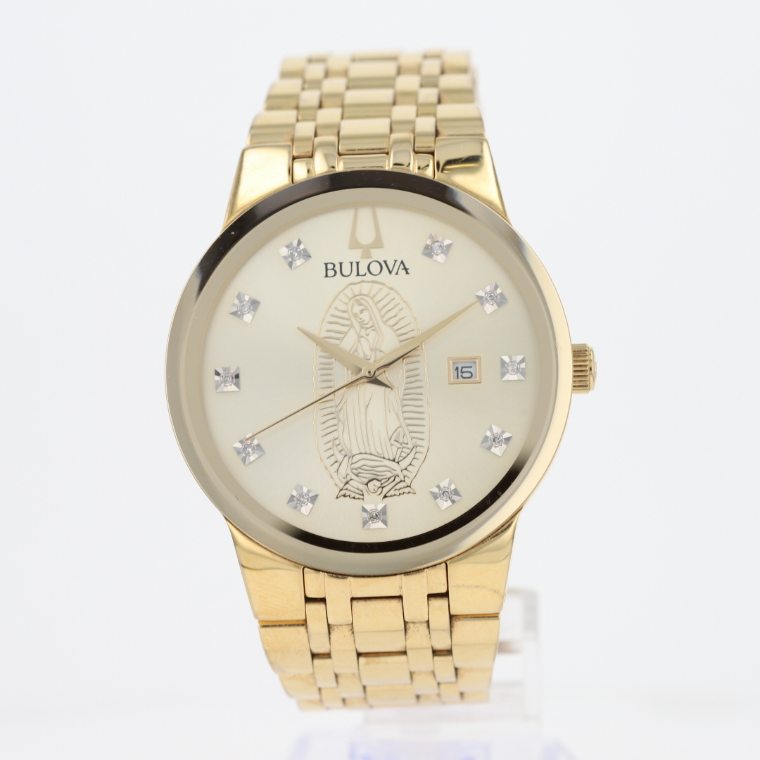 Bulova Modern Our Lady of Guadalupe Diamond Accent Stainless Steel Men ...