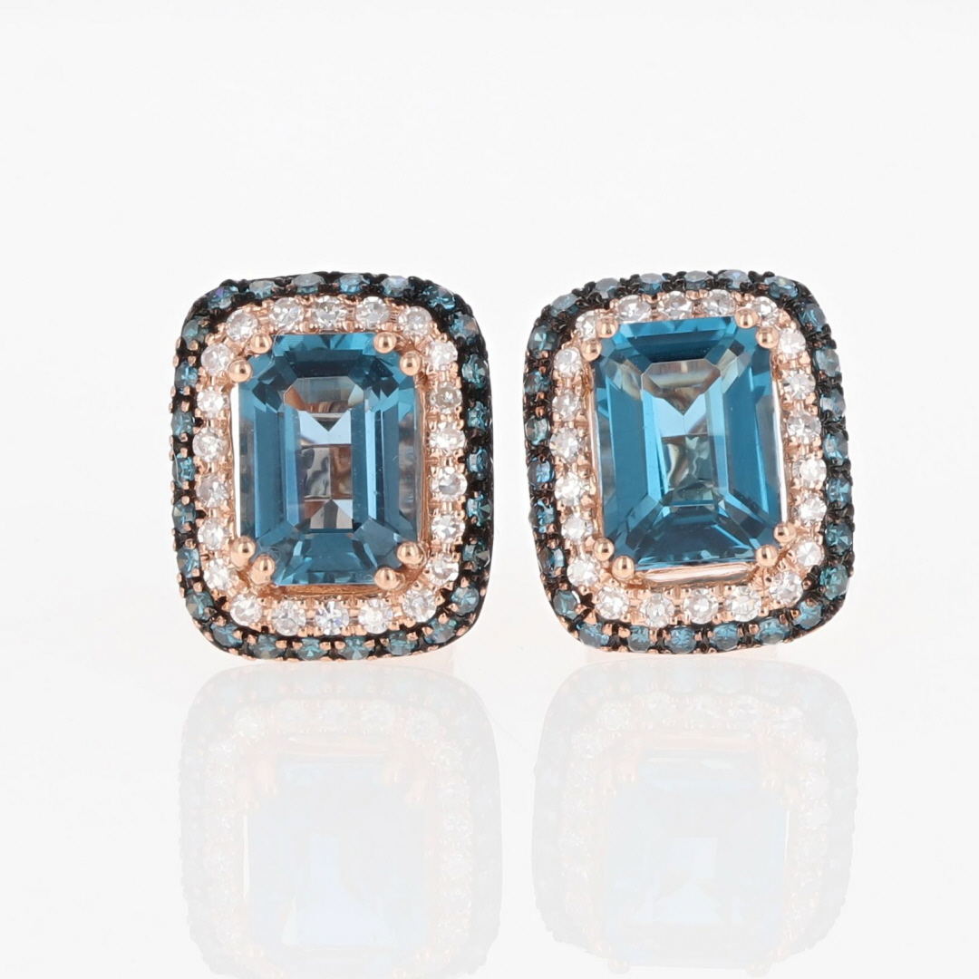 EFFY 1.72ctw Blue Topaz with Diamond Halo Stud Pair Earrings 14k Rose Gold