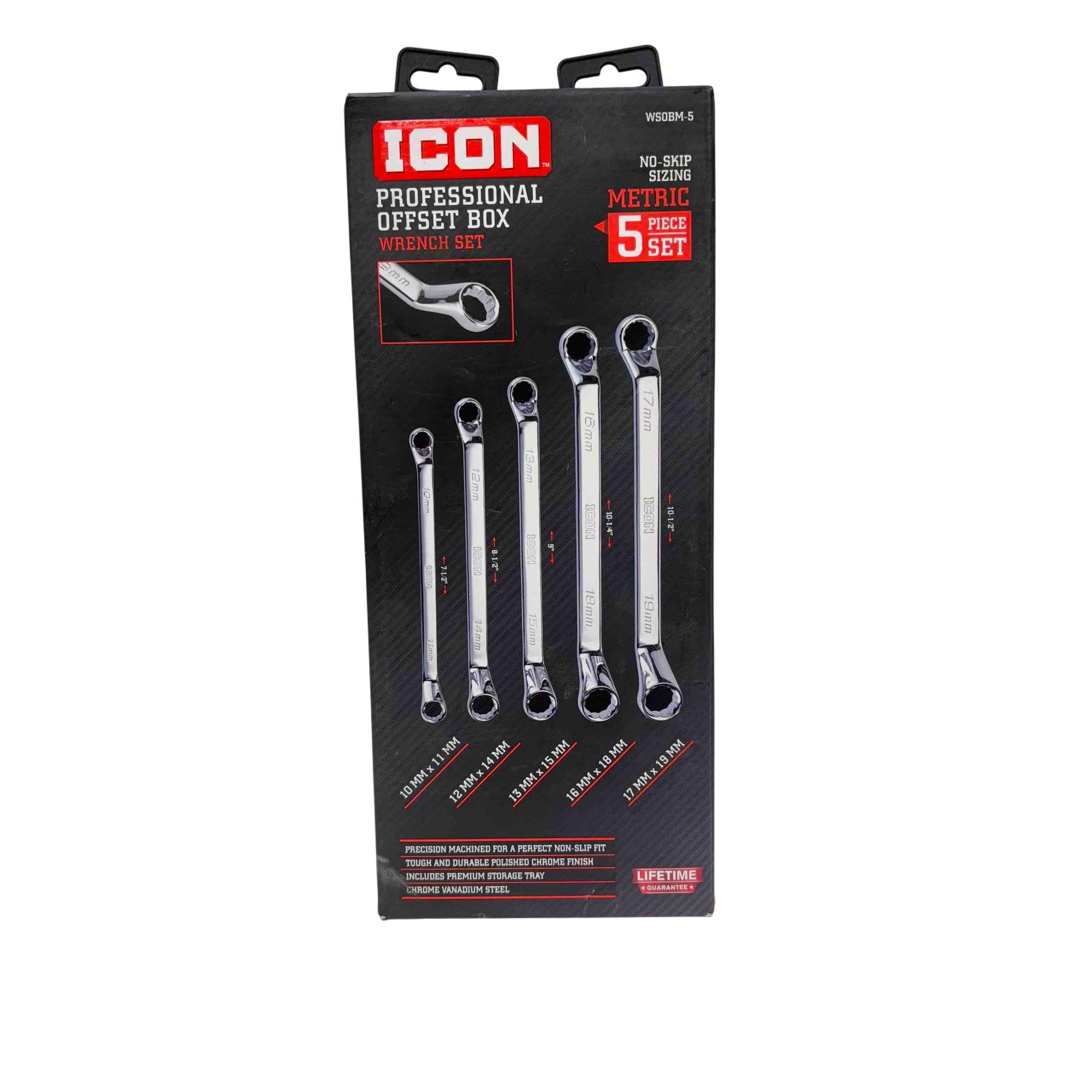 ICON WSOBM-5 Professional No-Skip Sizing Offset Box 5 Piece Metric Wrench Set