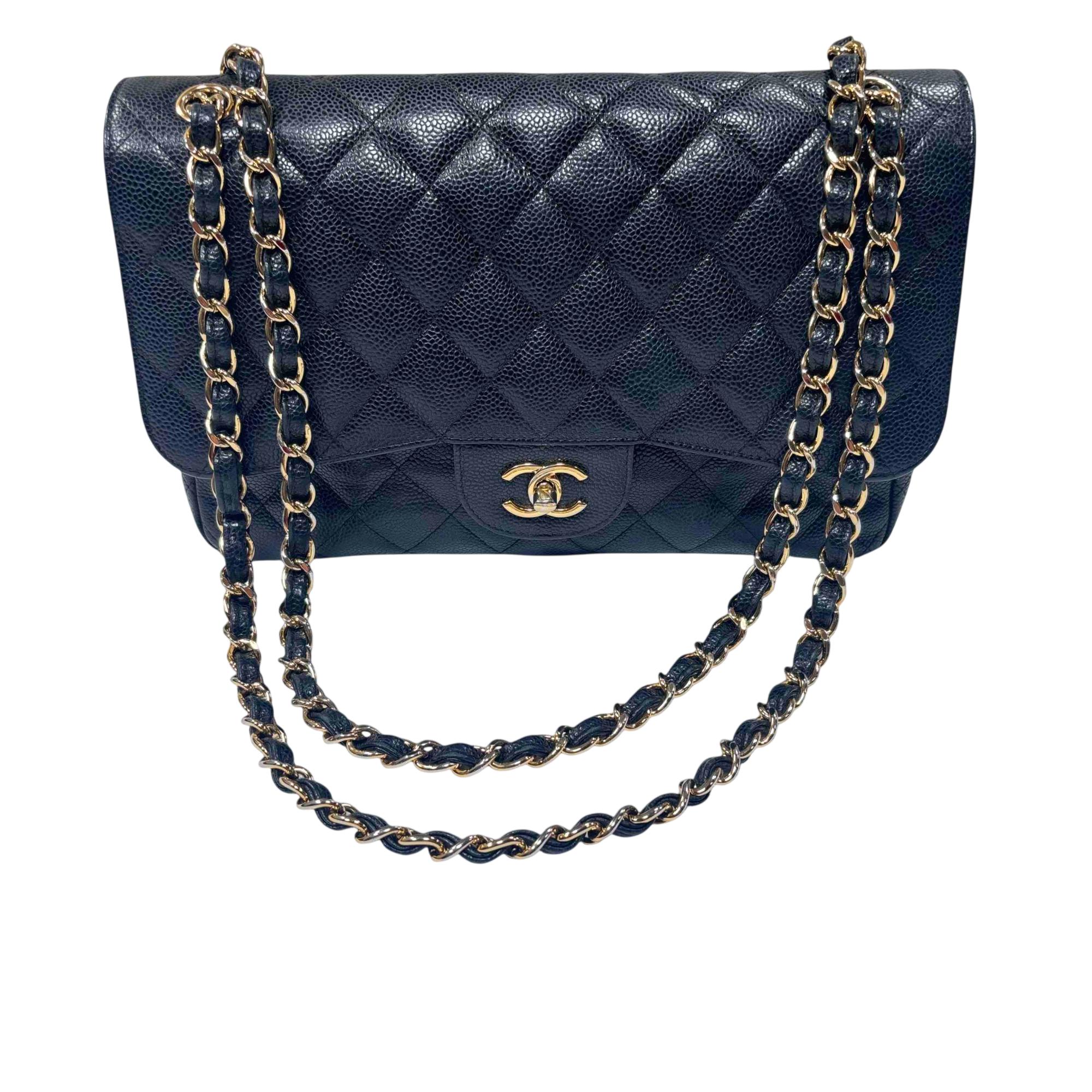 Chanel Classic Caviar Jumbo Double Flap Black Quilted Leather Handbag