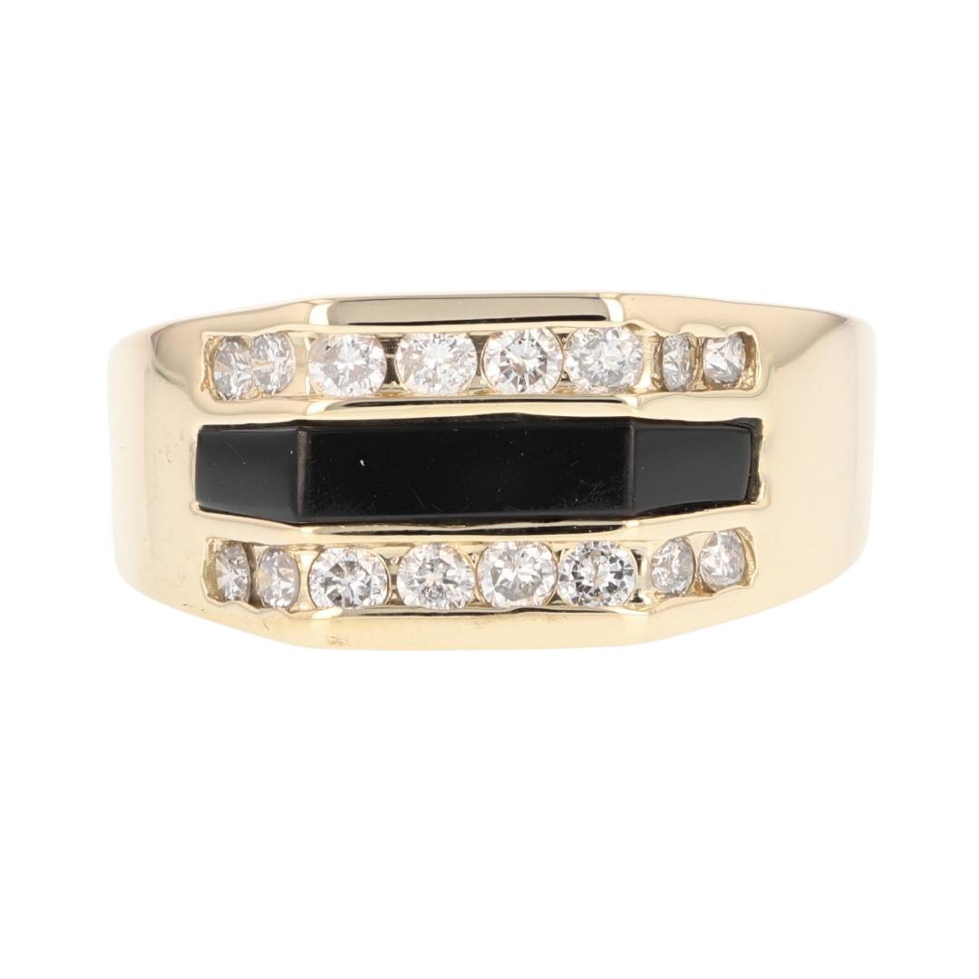 Black Onyx Inlay with Diamond Accents 3-Row Band Ring 14k Yellow Gold ...