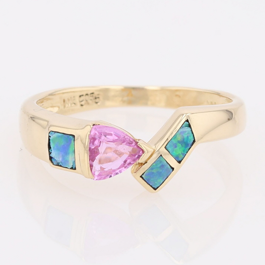 Trillion Cut Pink Sapphire w/ Opal Inlay Accents Ring 14k Yellow Gold ...
