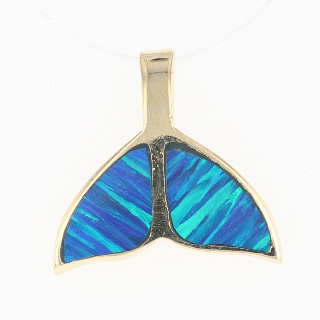Fancy Cut Blue Green Opal Inlay Whale Tale Pendant No Chain 14k Yellow Gold