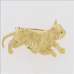 .02ctw Round Cut Ruby Prong Set Tiger Statement Pin 18k Yellow Gold 13. ...