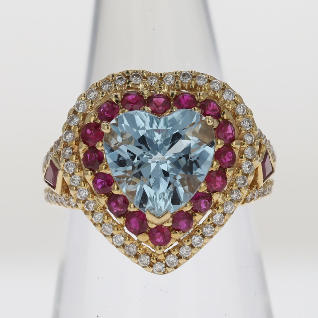 5.29ctw Heart-Shaped Aquamarine, Ruby and Diamond Ring 18k Yellow Gold ...